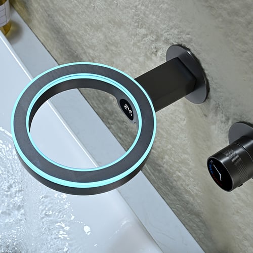 Round LED Digital Display Bathroom Faucet in Dary Gray | Homary