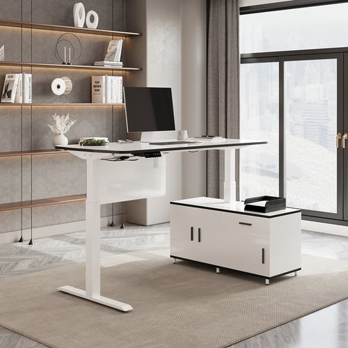 Modern White L-Desk Height Adjustable Electric Standing Desk with 3 ...