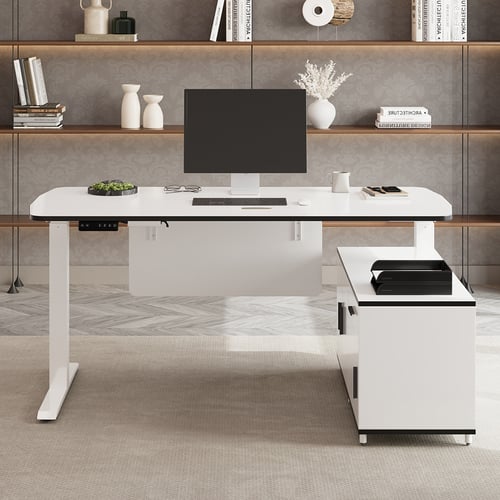 Modern White L-Desk Height Adjustable Electric Standing Desk with 3 ...