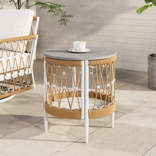 Ropipe 18.5" Round Outdoor Side Table with Storage Patio Weave Rope End ...