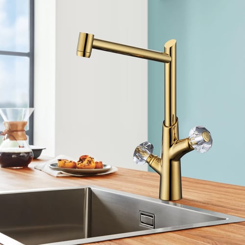 Gold 2 Crystal Controls Kitchen Tap Monobloc Solid Brass | Homary UK