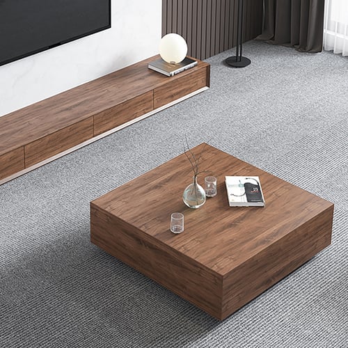 Walnut Square Coffee Table with Storage in MDF & Metal Wooden Accent ...