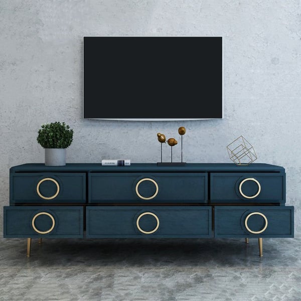 Rindix Navy Blue TV Stand with Storage Drawers for TVs Gold Accents ...