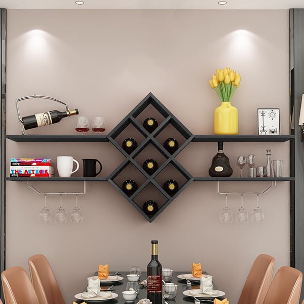Contemporary Wall Wine Shelves Rack with Glass Rack-Black | Homary