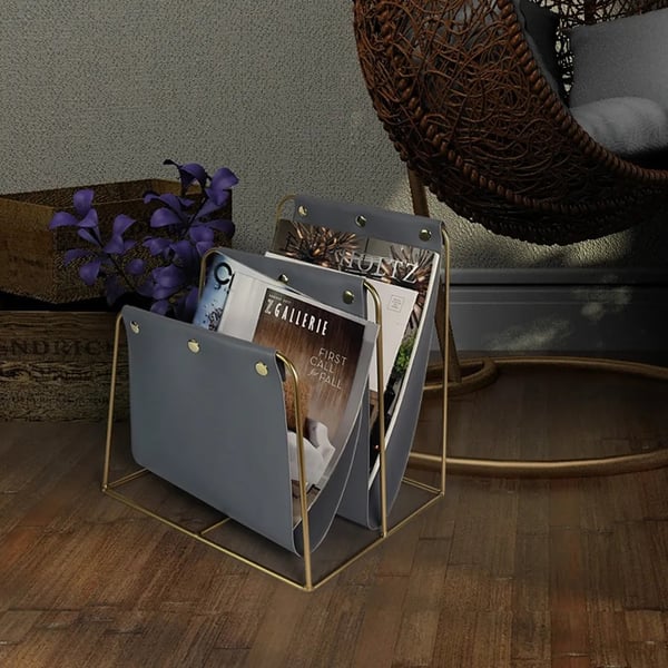Grey 2-Tiered Decorative Magazine Rack in Leather-Homary
