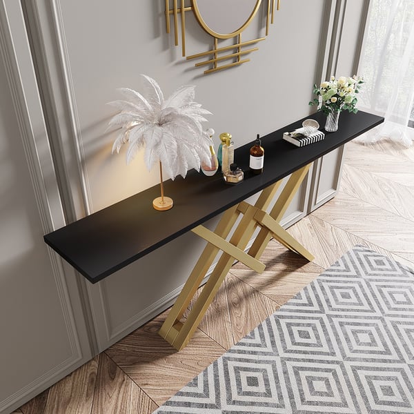 59" Black & Gold Narrow Console Table Accent Table For Entryway X Base ...