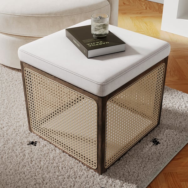 460mm Boho Rattan Ottoman Square Foot Stool in Khaki & Natural-Homary