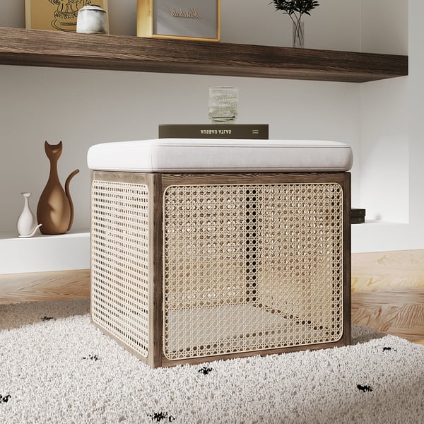 460mm Boho Rattan Ottoman Square Foot Stool in Khaki & Natural-Homary