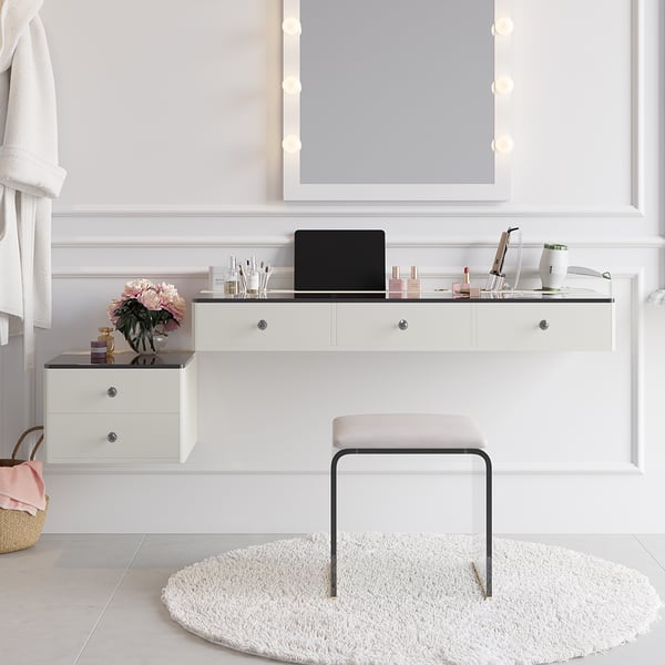 Modern Floating Makeup Vanity Set Wall Mounted Beauty Station with Side Cabinet & Stool-Homary