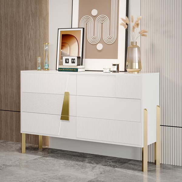 Commode moderne blanche et dorée à 6 tiroirs avec cannelure-Homary