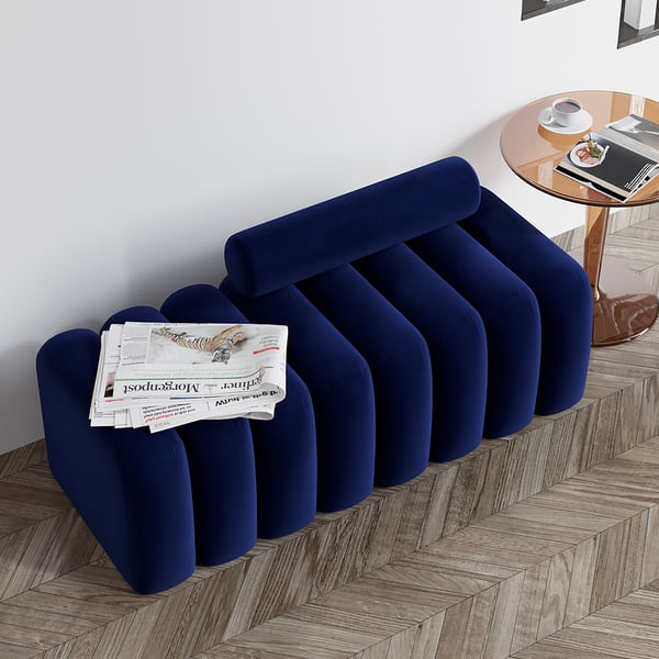 Modern Line Tufted Bench Upholstered Bench with Round Back Blue | Homary