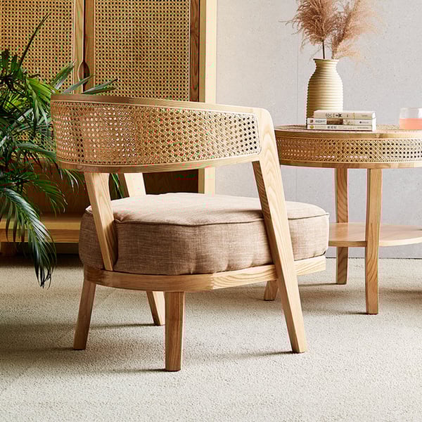 Modern Ash & Rattan Accent Chair Cotton & Linen Upholstery for Living ...