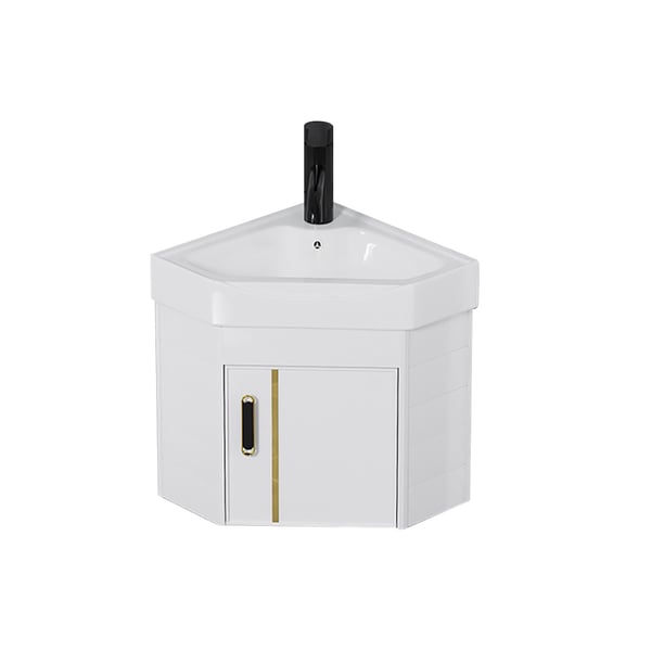 17" White Floating Small Corner Bathroom Vanity with Ceramic Integral ...