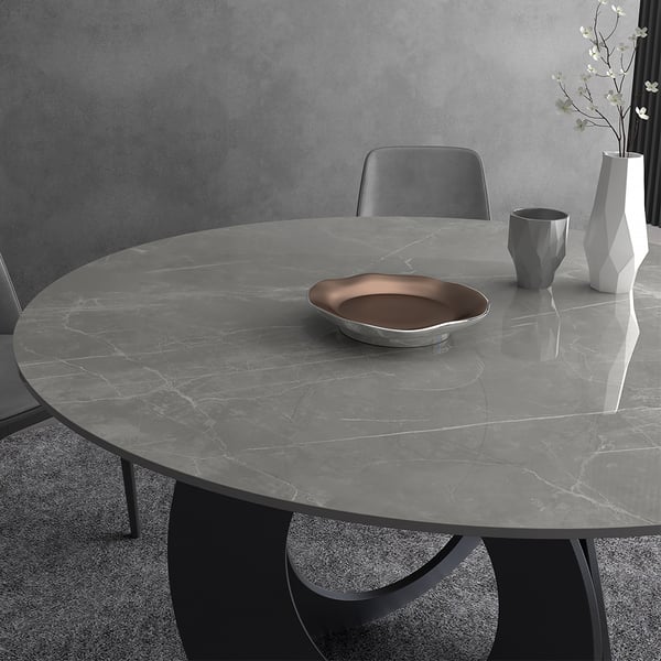 51" Round Gray Dining Table with Stone Top & Carbon Steel Base-Homary