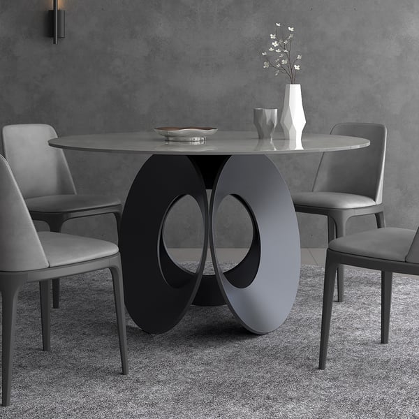51" Round Gray Dining Table with Stone Top & Carbon Steel Base | Homary