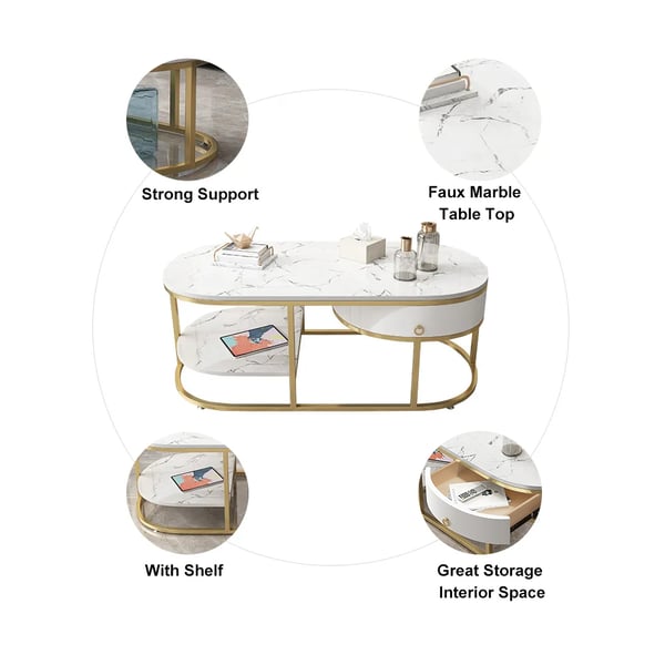 Free Shipping on Modern Marble Coffee Table with Drawers & Shelf in ...