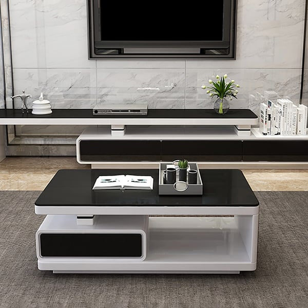 Modern Coffee Table with Drawers & Storage Tempered Glass White & Black ...