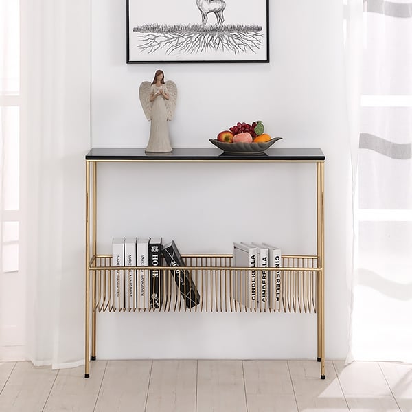 Black Rectangular Narrow Console Table with Shelf Modern Metal in Gold ...