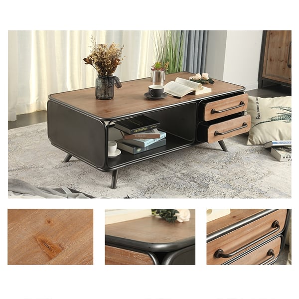 Retro Coffee Table with Drawers & Storage Wooden top Metal Frame ...