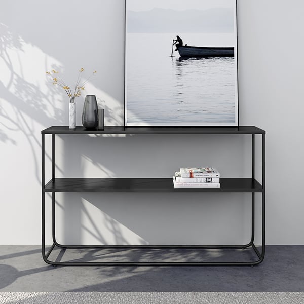 Modern Narrow Metal Console Table with Shelf in Black | Homary