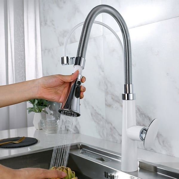 1-Handle Pull Down Kitchen Tap Dual Spray in Matte White & Chrome ...