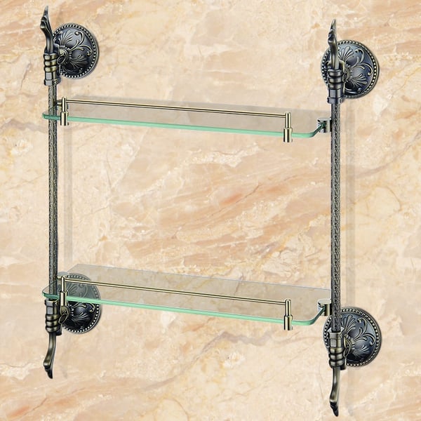 Atre Antique Brass Finish Dual Tier Bathroom Shelf Wall Mounted Glass ...