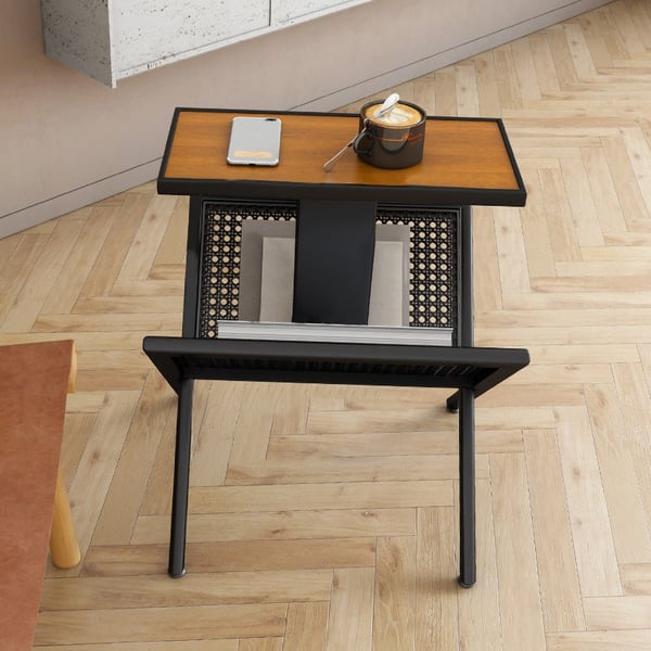 Modern Black Side Table with Storage Wooden Top End Table | Homary