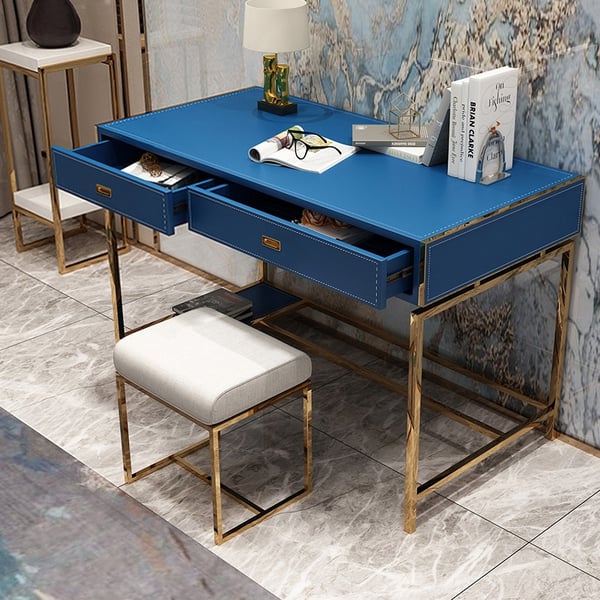 Modern Blue Faux Leather Office Desk Computer Desk with Drawers & Shelf ...