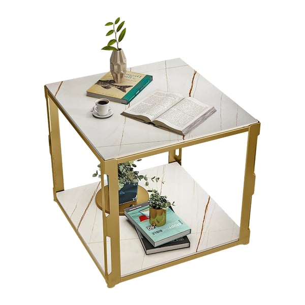 Gold Square End Table with Shelf Marble Top Side Table Metal | Homary UK