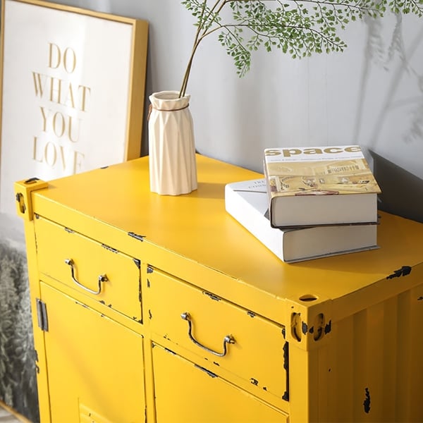 Industrial Yellow Cabinet Distressed 2-Door & 2-Drawer Storage | Homary UK