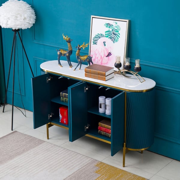 1200mm Modern Blue Sideboard Buffet Faux Marble Top 2 Doors 1 Shelf ...