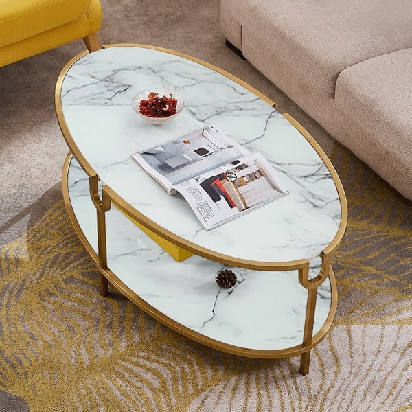 Modern Stylish Gold Glass Oval Coffee Table 2 Tier Cocktail Table ...