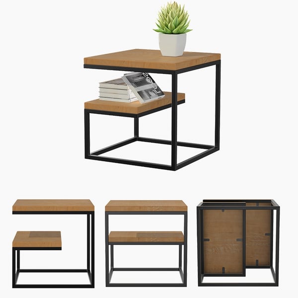 2-Tiered Metal Side Table with Storage Wooden Top End Table | Homary