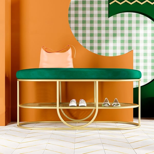 Green Entryway Bench Modern Upholstered Velvet Bench Metal in Gold ...