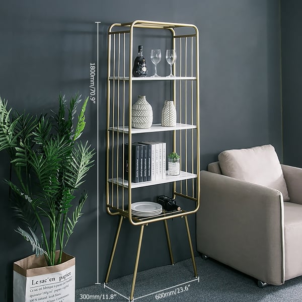 Modern Rectangular Bookshelf Manufactured Wood&Metal Gold Bookcase with ...