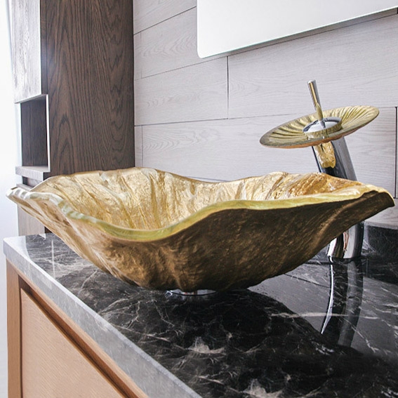 Gold Lotus Leaf Tempered Glass Counter Top Basin with Waterfall Tap Set ...