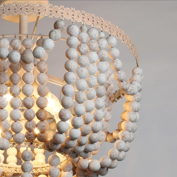 Regas Vintage Style 4-Light White Frame & Rustic Round Wood Beads Semi ...