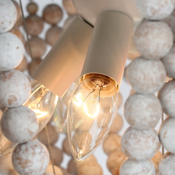 Regas Vintage Style 4-Light White Frame & Rustic Round Wood Beads Semi ...