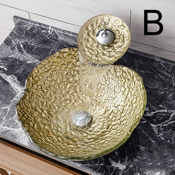 Gold Irregular Tempered Glass Counter Top Basin with Waterfall Tap Set ...