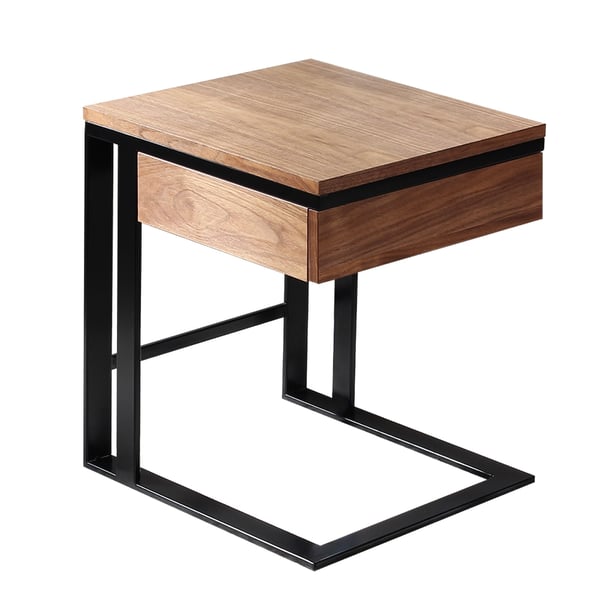 Walnut End Table with Drawer C-Shaped Design Side Table Metal in Black ...