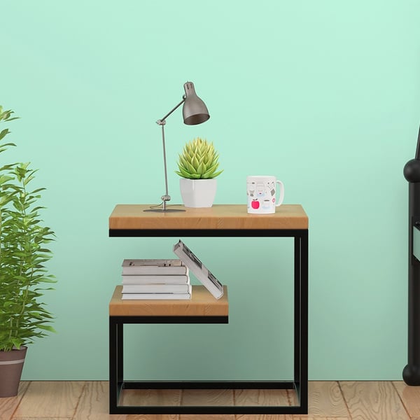 2-Tiered Metal Side Table with Storage Wooden Top End Table | Homary
