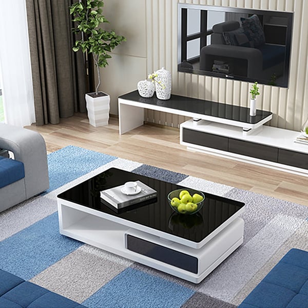 Modern Coffee Table with Drawers & Storage Tempered Glass White & Black ...