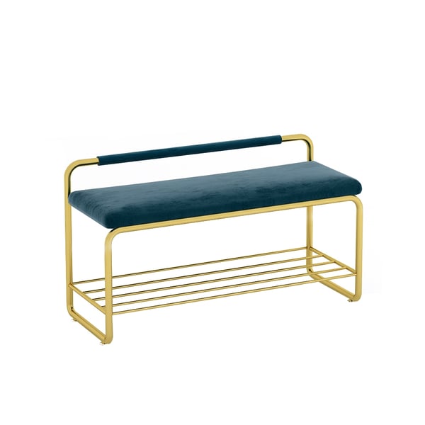 Modern Upholstered Bench Blue Velvet Bench with Shoe Storage-Homary