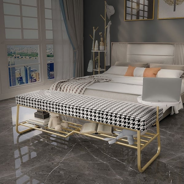 Shoe Storage Entryway Bench Houndstooth Linen Upholstered with Faux ...