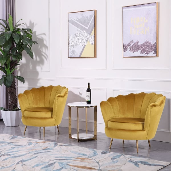 Modern Yellow Velvet Accent Chair Scalloped Barrel Shair Shell Curved ...