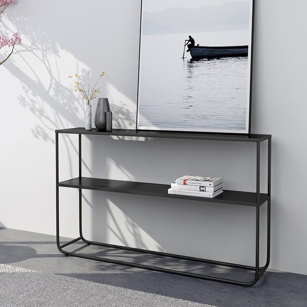 Modern Narrow Metal Console Table with Shelf in Black | Homary