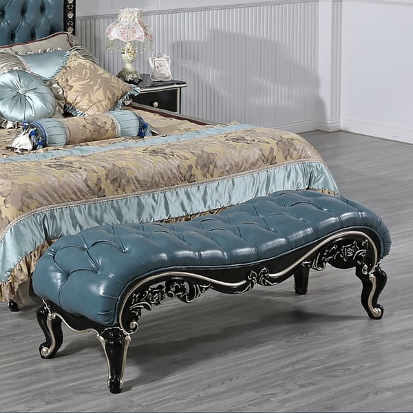 Retro Bench Blue Leather Upholstered Bench Tufted Bench | Homary UK