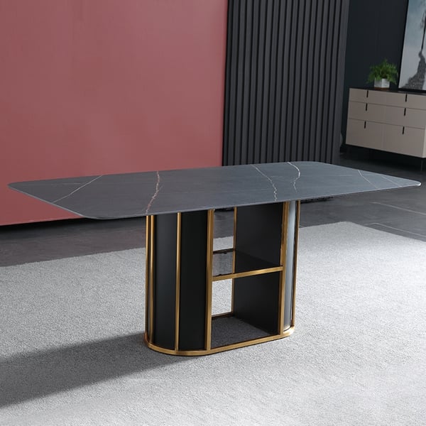 71" Modern Black Rectangular Sintered Stone Dining Table with Storage ...