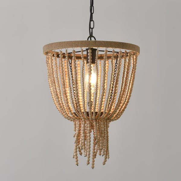 Farmhouse 1-Light Natural Wood Beaded Pendant Light Hemp Rope & Metal ...