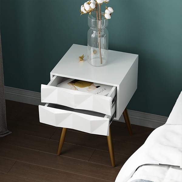 Nordic White Nightstand Angular Surface Bedside Table with 2 Drawers in ...